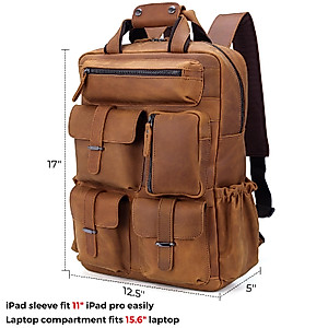 Full Grain Cowhide Leather Multi Pockets 16 Inch Laptop Backpack Travel Bag (Dark Brown(Updated Version))