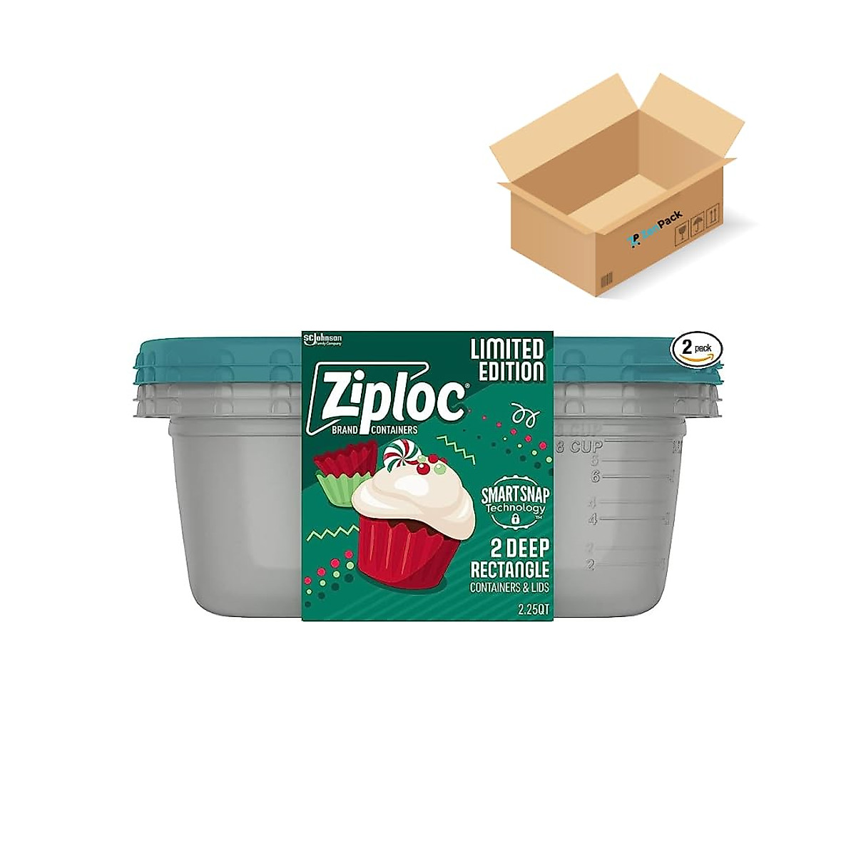 Ziploc Food Storage Meal Prep Containers Reusable for Kitchen Organization, Smart Snap Technology, Dishwasher Safe, Deep Rectangle, 2 Count, Holiday Designs