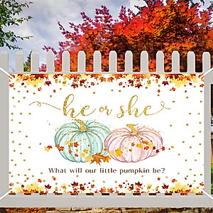 MEHOFOND XtraLarge Pumpkin Gender Reveal Banner Backdrop(72x44Inch) Fall Pumpkin Baby Shower Party Decorations Supplies Thanksgiving Baby Shower Banner Autumn Golden Maple Leaves Party Decorations