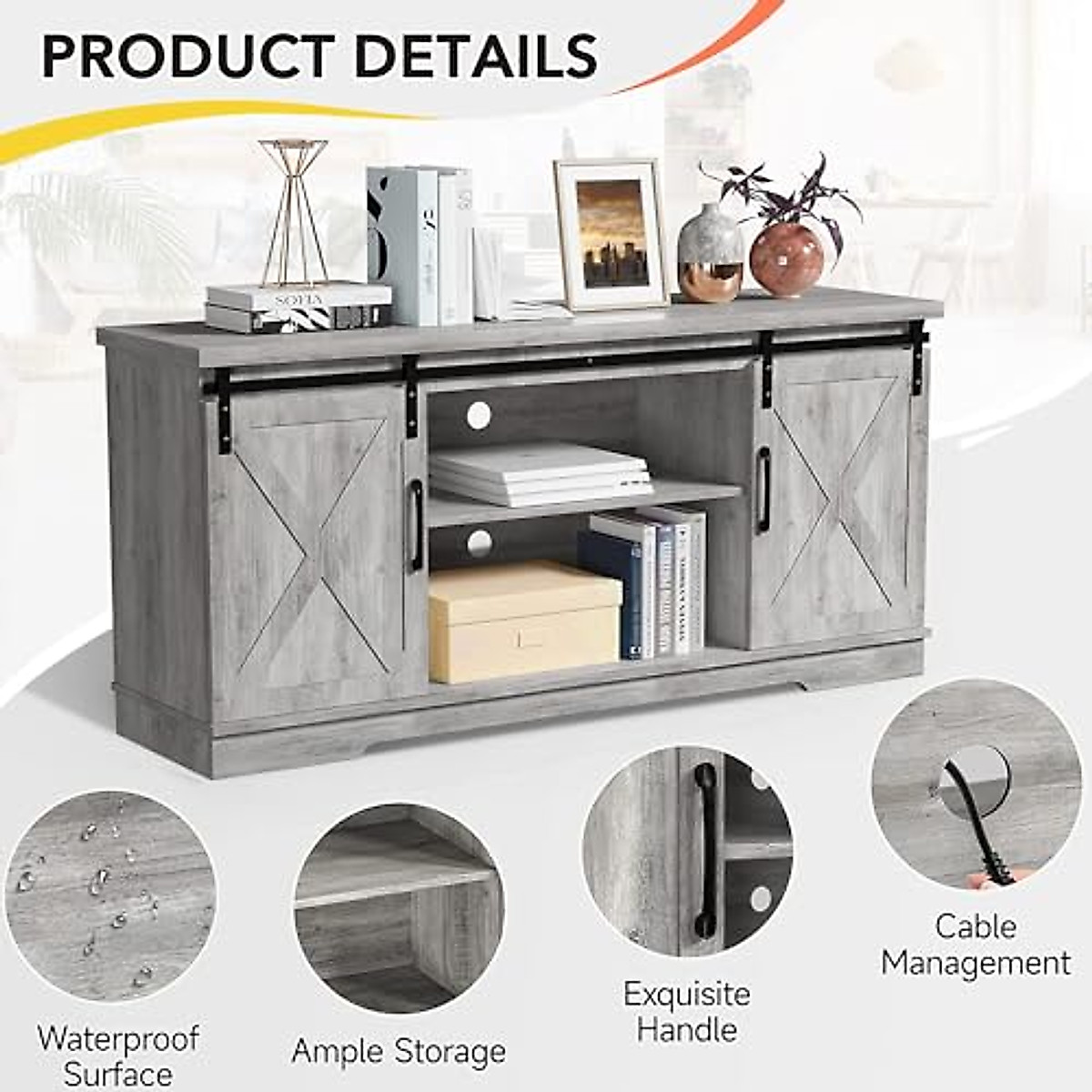 IDEALHOUSE Farmhouse TV Stand, Entertainment Center for 65 Inch TV Media Console Table, Grey Barn Door TV Stand with Storage and Shelves, Modern TV Console Cabinet Furniture for Living Room