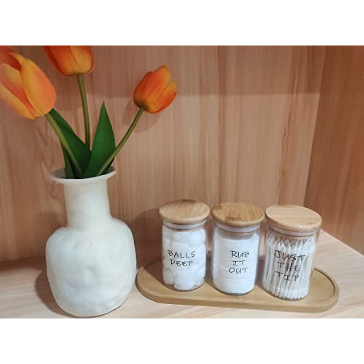 Haplasoo Set Of 3 Glass Jars with Airtight Bamboo Lids and Tray Qtip Holder Cotton Ball Swab Pad Dispenser For Bathroom Organization Canisters For Bobby Pin