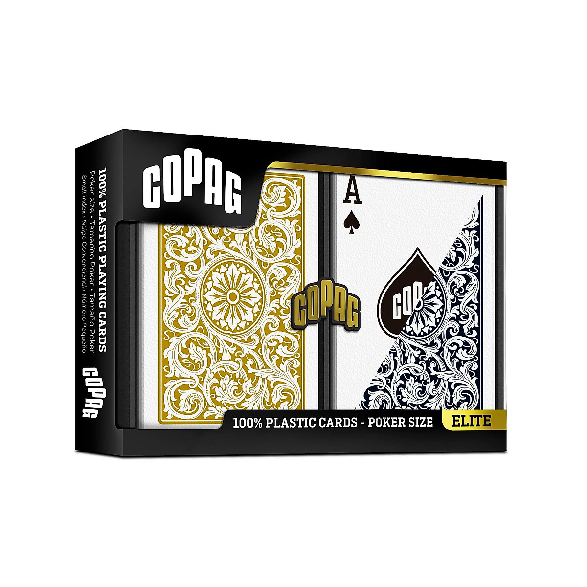 Copag 1546 Design 100% Plastic Playing Cards, Poker Size (Standard) Black/Gold (Regular Index, 1 Set)
