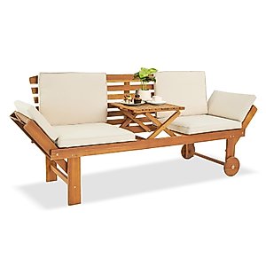 Outvita Acacia Wood Patio Convertible Couch Sofa Bed w/Adjustable Armrest & Wheels, Outdoor Daybed w/Removable Cushions & Pillows, Folding Chaise Lounge Bench for Porch Courtyard Poolside(White)