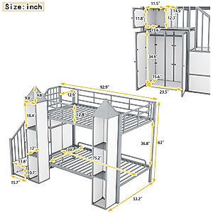 Favfurish Twin Over Twin Castle-Shaped Bunk Bed with Wardrobe,Open Storage cabinets,a Storage Staircase and guardrails,Metal Stairway BunkBed for Kids Boys/Girls/Teens,Gray+White