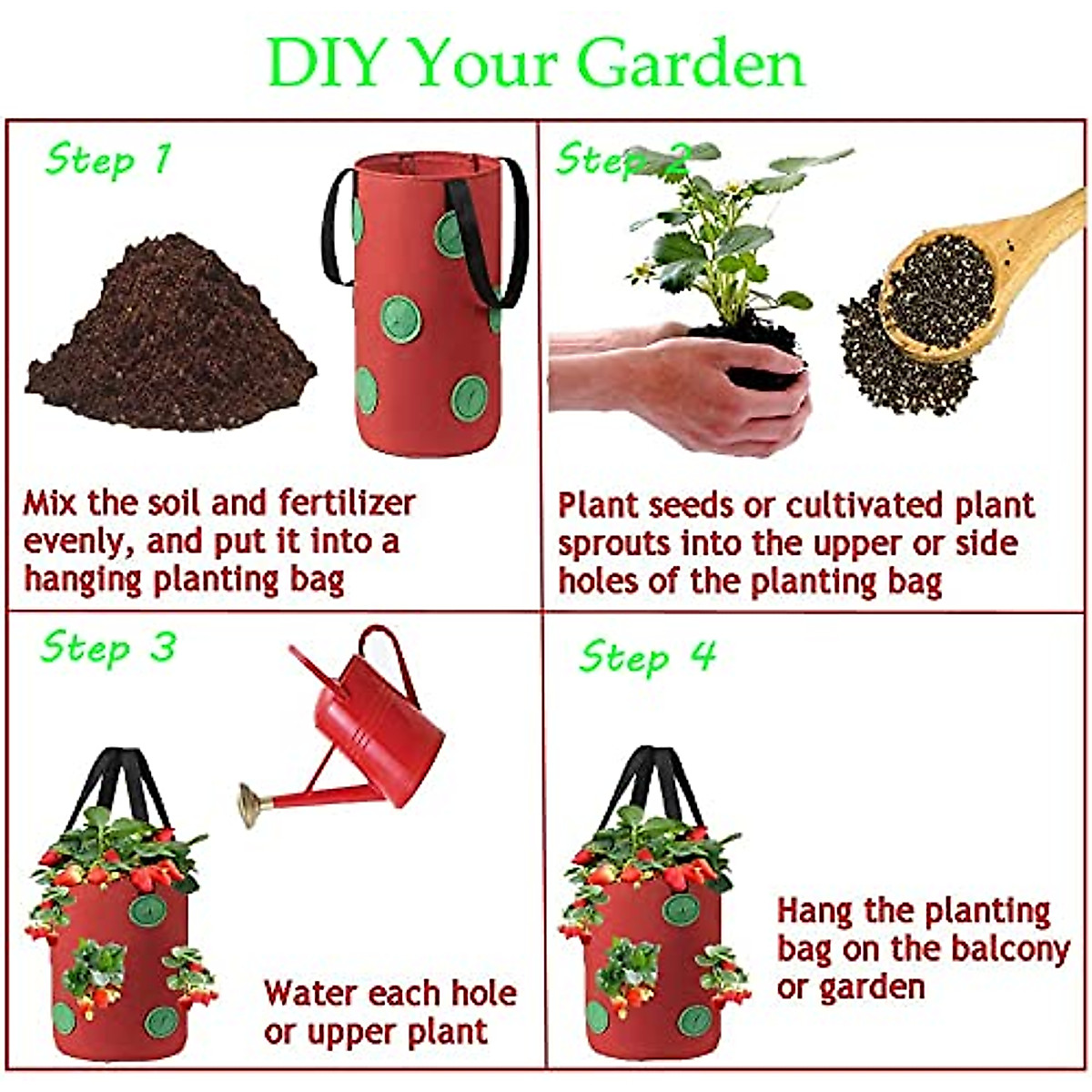 Grow Bags 3 Gallon for Strawberry Vegetables 12 Planting Holes, Sturdy Hanging Handle Thickened Breathable Felt Cloth, Plant Grow Bag for Carrot Onion Tomato Potato Roses