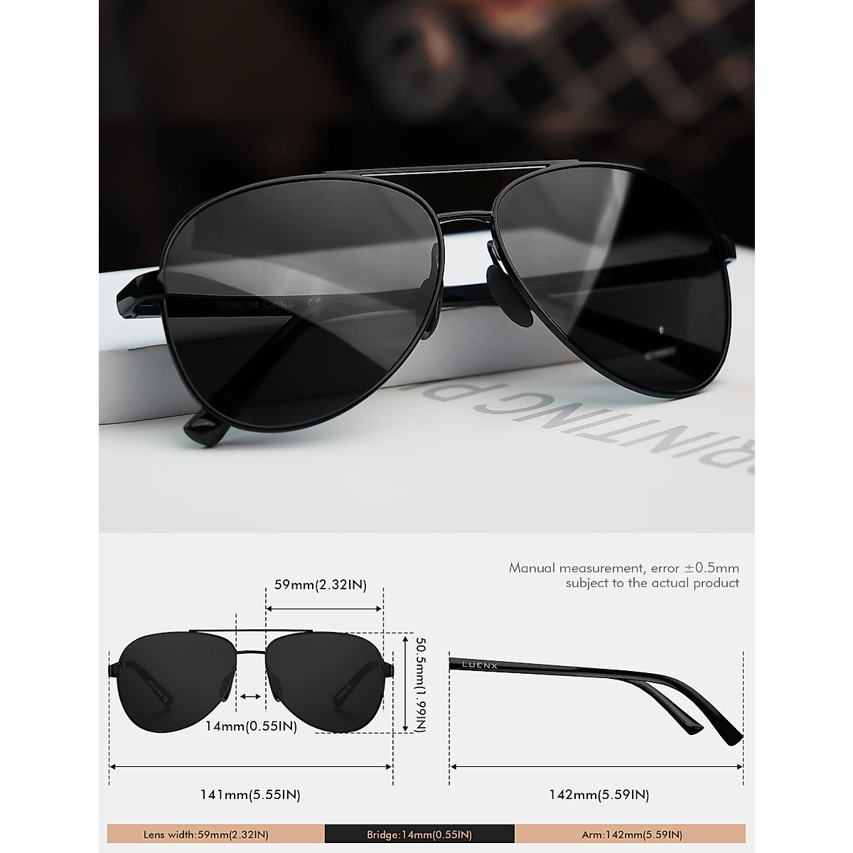 LUENX Aviator Sunglasses for Men Women Polarized-Stylish Shades Non Mirror UV400 Protection Driving Outdoor Activities 59 MM(All Black)