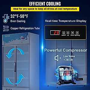 VEVOR Commercial Refrigerator,Display Fridge Upright Beverage Cooler, Glass Door with LED Light for Home, Store, Gym or Office, (23 cu.ft. Double Swing Door)