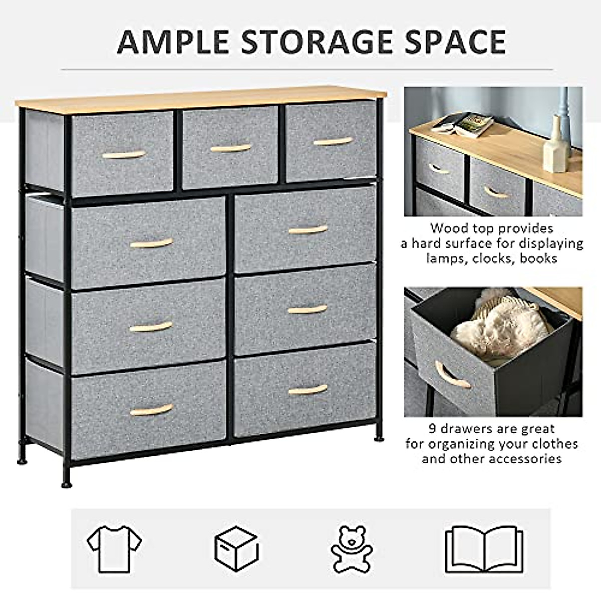 HOMCOM 9 Drawers Storage Chest Dresser Organizer Unit w/Steel Frame, Wood Top, Easy Pull Fabric Bins, for Bedroom, Hallway, Closet, Entryway, Oak & Grey