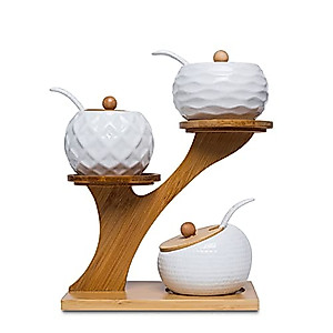 Porcelain Condiment Jar Set, Spice Jars with Bamboo Lids and Spoon, Wooden Tray, 170 ML (5.8 OZ), Used to Store Tea, Spices, Coffee, Set of 3（White)