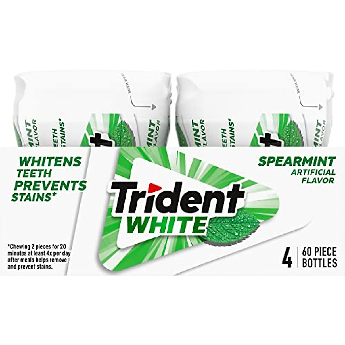 Trident White Spearmint Sugar Free Gum, 4 Bottles of 60 Pieces (240 Total Pieces)