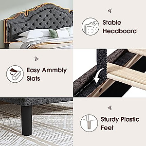WEEWAY King Bed Frame with Tiara Curved Headboard and High Resilience, Linen Fabric Upholstered Diamond Button Tufted Platform Bed with Wood Slats/No Box Spring Needed/Easy Assembly/Dark Grey