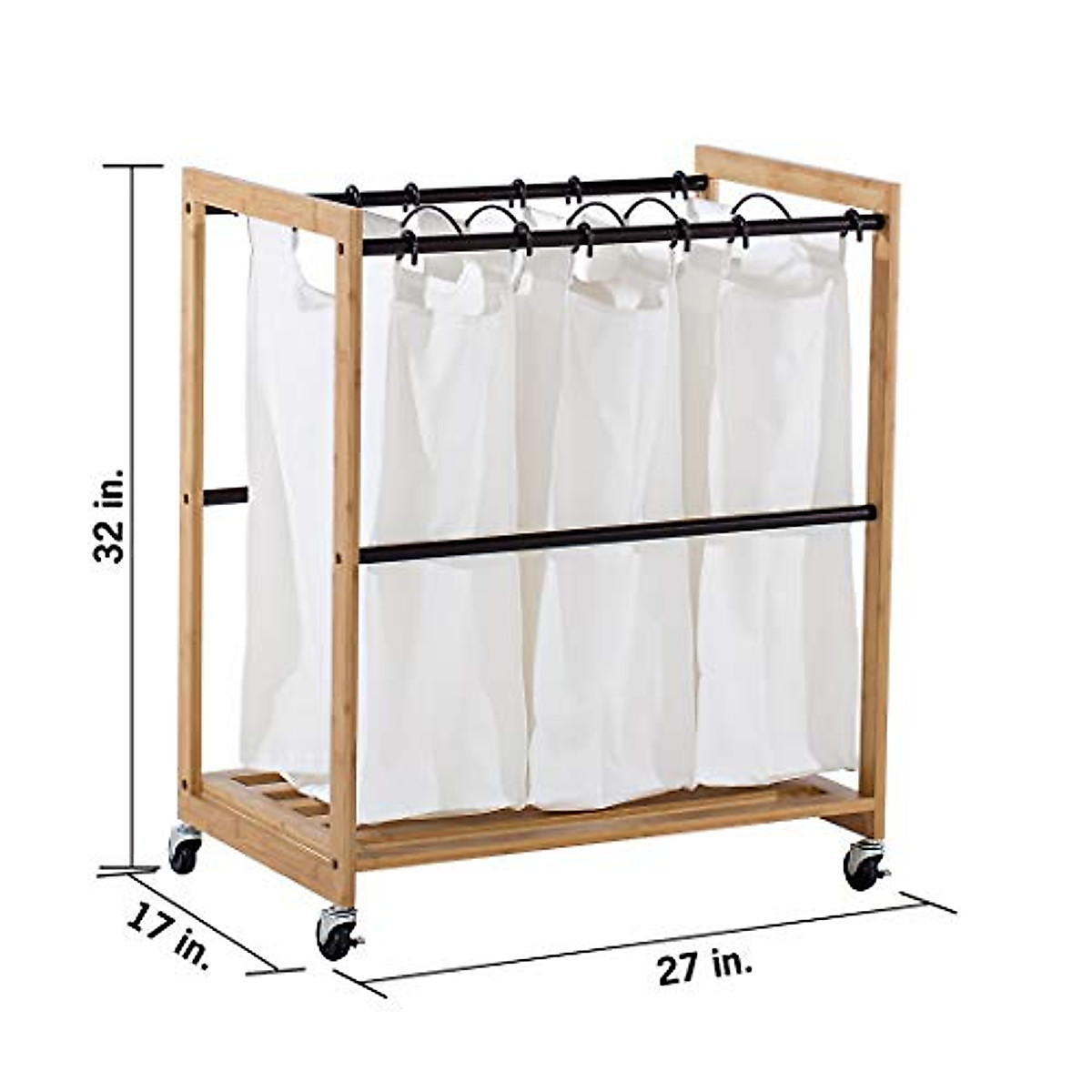 TRINITY 3-Bag Bamboo Laundry Cart, Laundry-Room Organization and Dirty Clothes Hamper with Wheels for Bedroom, Closet, Dorm Room and More, Bronze Poles
