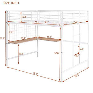 BIADNBZ Metal Loft Bed Full Size, High LoftBed Frame with L-Shaped Desk and Grid for Kids Adults, Full-Length Guardrail & Side Stairs, Space-Saving, White