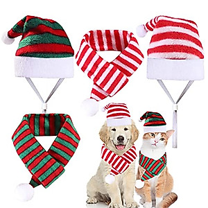 4 Pack Cat Santa Hat with Scarf Dog Christmas Hat and Scarf Striped Christmas Costumes for Small Dogs Cats
