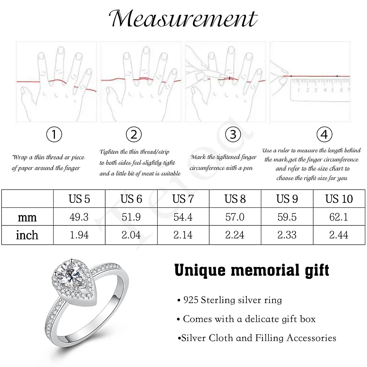 925 Sterling Silver Teardrop Urn Rings Hold Loved Ones Ashes, CZ Cremation Memorial Ring Keepsake Jewelry for Women(White, 7)
