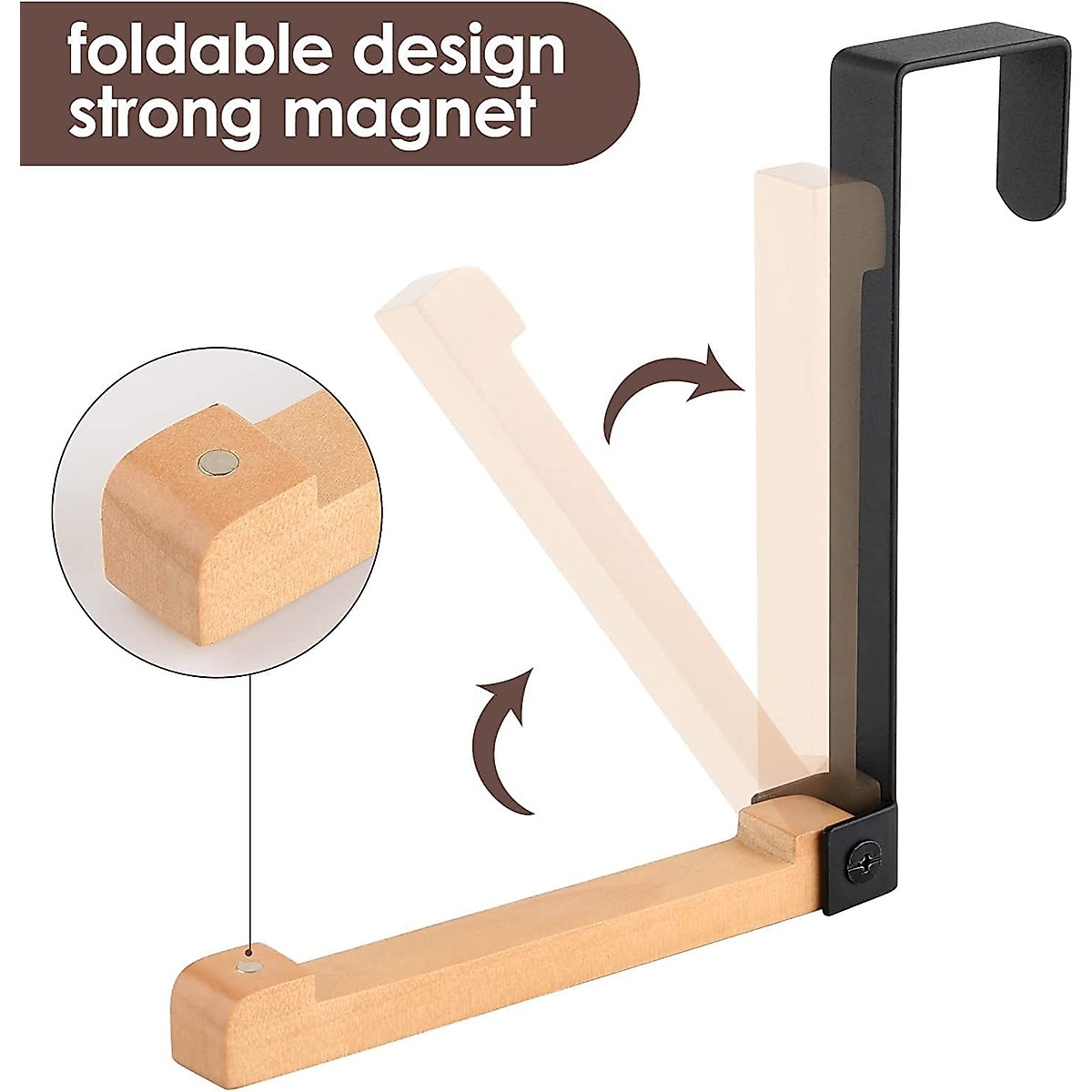 wekunro 2023 New Foldable Wood Over The Door Hooks - Wooden Foldable Coat Hooks, Over The Door Clothes Hanger Hooks, Quality Metal & Wood Material, for Hanging Towels, Clothes, Wreath and Bag (2PCS)