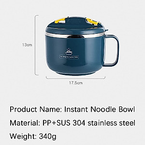 304 Stainless Steel Ramen Bowls,Insulation Bowls With Lid & Handle Ramen Cooker, Blue, 6.3x5.12x4.92