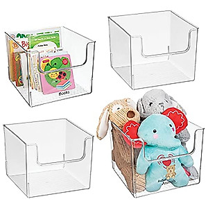 mDesign Deep Plastic Home Storage Organizer Bin - Container for Nursery, Kids Bedroom, Toy or Playroom - Open Front Design - 4 Bins + 24 Labels - Clear