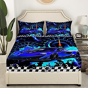Feelyou Kids Blue Race Car Bedding Set Twin Size, Speed Sports Car Bed Sheet Set Boys Girls for Racing Car Fitted Sheet Extreme Sports Bed Cover Bedroom Decor with 1 Pillow Case (No Flat Sheet)