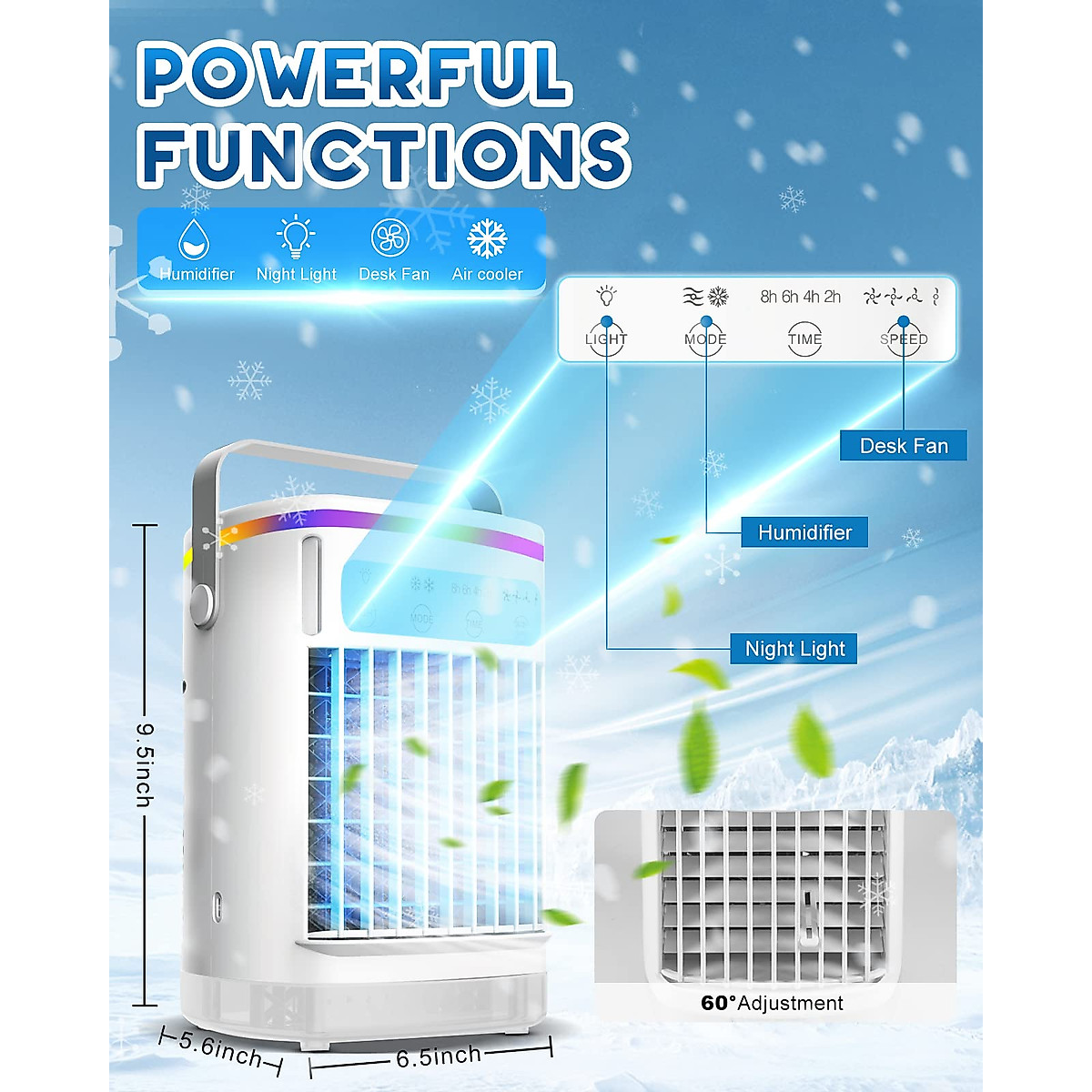 Portable Air Conditioners, 4 Speeds Evaporative Air Cooler Humidifier 600ML Waterbox Mini Air Conditioner, 2/4/6H Timer, 2 Misting Modes and LED Light, Perfect for Home Office Bedroom Camping