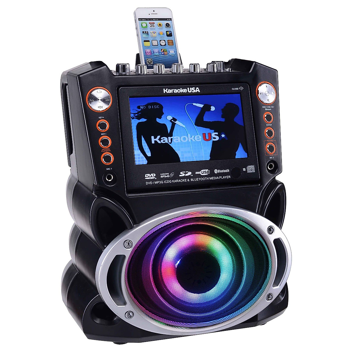 Karaoke USA GF946 GF946 DVD/CD+G/MP3+G Bluetooth 35-Watt Karaoke System with 7-Inch TFT Digital Color Screen, LED Lights, HDMI Output, and 2 Microphones (Black)