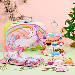 JOYIN 35Pcs Unicorn Tea Party Set for Little Girls, Pretend Tin Teapot Set, Princess Tea Time Play Kitchen Toy with Dessert, Doughnut, Carrying Case for Birthday Easter Gifts Kids Toddlers Age 3 4 5 6