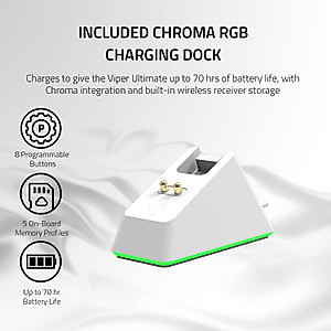 Razer Viper Ultimate Lightweight Wireless Gaming Mouse & RGB Charging Dock: Hyperspeed Wireless Technology - 20K DPI Optical Sensor - 74g Lightweight - 70 Hr Battery - Mercury White