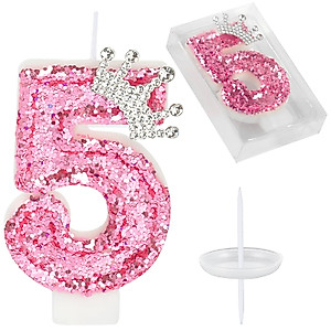 Birthday Number Candles,Pink Crown Birthday Candles for Cake,Glitter Number 5 Candle Cake Topper with Sequins for Girls,Women, Anniversary Celebrations Supplies (Pink 5)