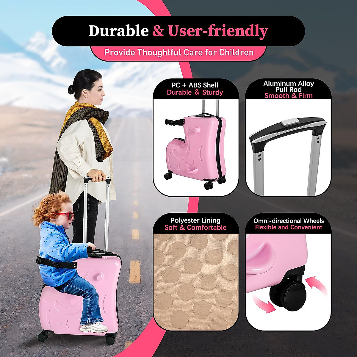 DNYSYSJ 20 Inch Children's Ride On Trolley , Portable Universal Wheel Carry On Luggage, Waterproof Unisex Boys Girls Travel Suitcase With Lock, ABS+PC (Pink)