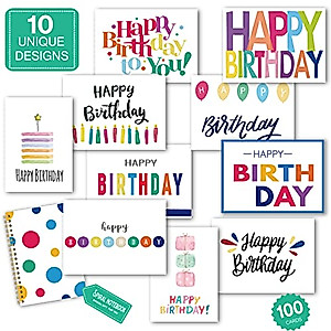 100 Birthday Cards, Happy Birthday Cards Bulk with Short Message Inside, 5x7 Inch Thick Card Stock Assorted Birthday Cards with Envelopes,10 Unique Designs Birthday Cards for Men and Women.