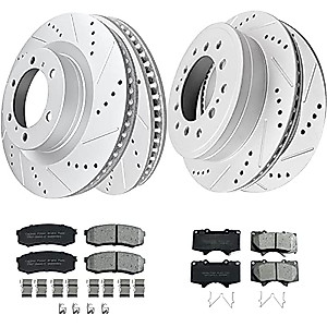 WEIZE Front Truck & Tow Brake Kit, Carbon Fiber Ceramic Brake Pads & Drilled/Slotted Brake Rotors, Fit for Toyota 4Runner 2010-2022