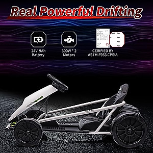 24V Go Kart for Kids 8-12 Years, 300W*2 Extra Powerful Motors, 9Ah Large Battery 8MPH High Speed Drifting with Music, Horn,Max Load 175lbs Outdoor Ride On Toy for Teens, White