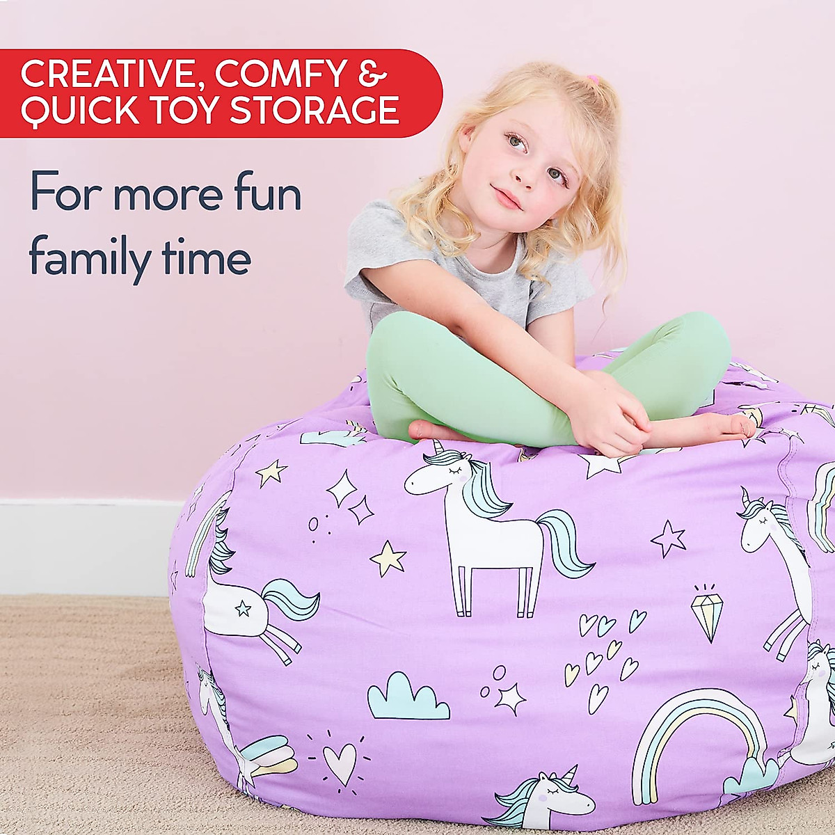 Creative QT Stuff ’n Sit Extra Large 38’’ Bean Bag Storage Cover for Stuffed Animals & Toys – Gray Dandelion Print – Toddler & Kids’ Rooms Organizer – Giant Beanbag Great Toy Hammock Alternative