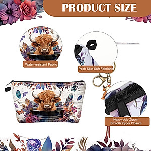 Abbylike 3 Pcs Western Highland Cow Gifts for Women 20 oz Highland Cow Stainless Steel Tumbler Highland Cow Makeup Cosmetic Bag Highland Cow Keychain for Highland Cow Lover Christmas Birthday Gift