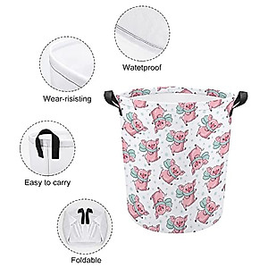 Cute Cartoon Pigs Foldable Laundry Basket Waterproof Hamper Storage Bin Bag with Handle 16.5"x 16.5"x 17"