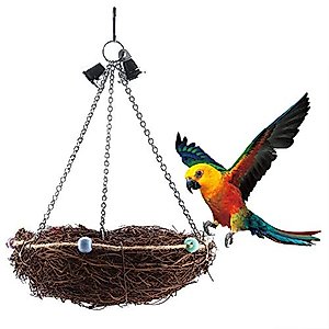 Birds Nest, 2 Sizes Rattan Birds Parrot Straw Nest Swing Hanging Toy with Bells Toys(27 * 12cm)