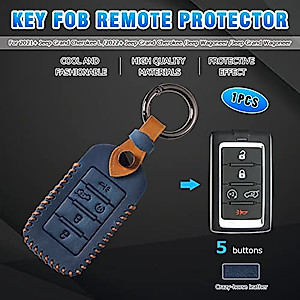 Canvcle Key Fob Cover for 2021 2022 2023 Jeep Grand Cherokee/Grand Cherokee L/Wagoneer/Grand Wagoneer Accessories Key Cover Leather Blue 5 Button 1PCS