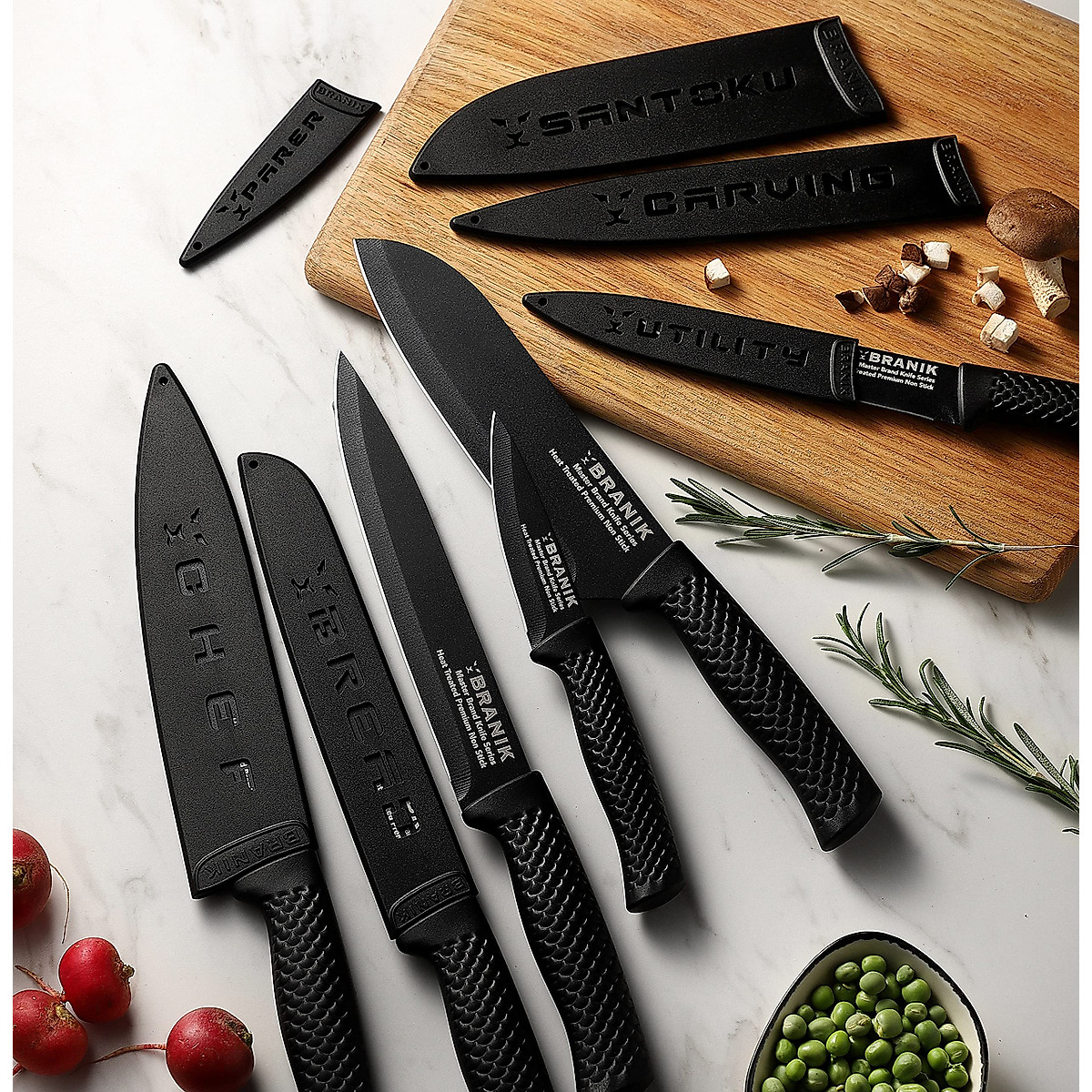 BRANIK 6Pc Black Kitchen Knife Set with Protective Sheaths & Giftbox, Premium German Steel with Special Non-Stick Coating making them Dishwasher Safe. Sharp black knives set for kitchen Knife set.