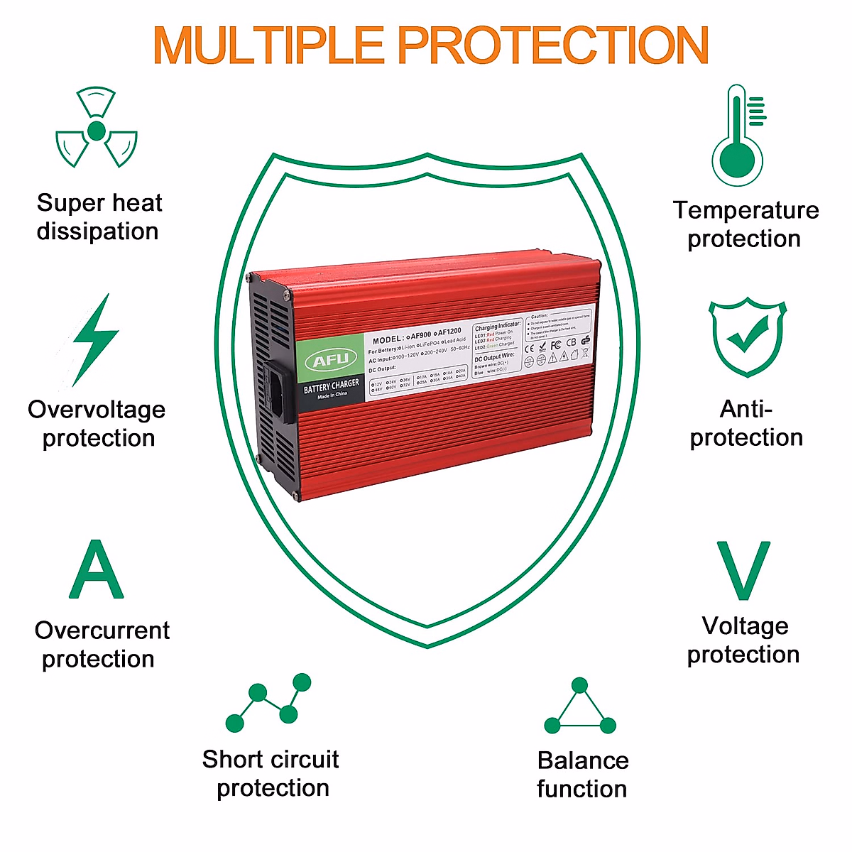 84V 10A Li-ion Battery Charger Red Aluminum Case Safe and Durable Used for 20S 72V Lithium Battery Smart Charger DC Output XT60 Male Connector