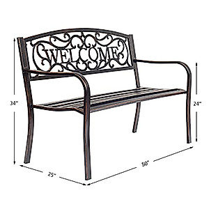 Tangkula Outdoor Steel Garden Bench Park Bench, 50 Inch Patio Welcome Bench with Slated Seat & Floral Design Backrest, Outdoor Bench with Iron Casted Pattern, Suitable for Patio Backyard Garden Park