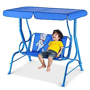 Happygrill Mini Patio Swing 2 Seats Porch Swing with Safety Belt Outdoor Lounge Chair Hammock with Canopy for Kids, Blue