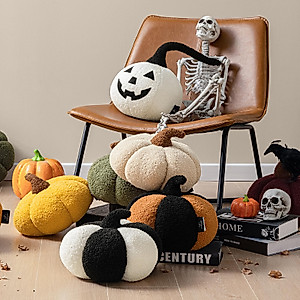 Phantoscope Teddy Fleece Pumpkin Throw Pillows Happy Thanksgiving Ultra Soft Sherpa Decorative Cute 3D Shaped Cushion, Black and White, 6 x 12 inches