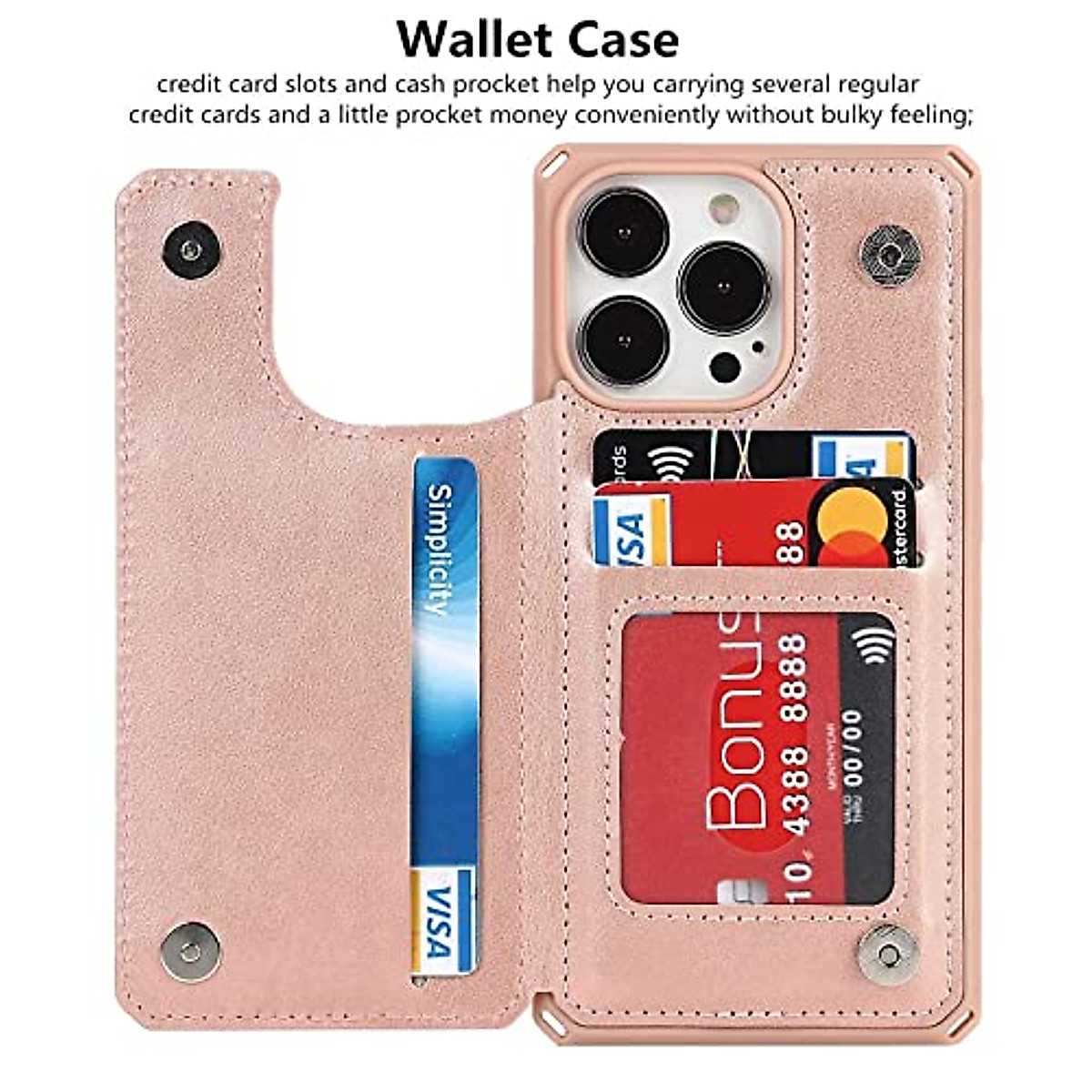 iCoverCase for iPhone 13 Pro Phone Case with Card Holder, iPhone 13 Pro Wallet Case for Women with Strap, RFID Blocking Embossed Leather Kickstand Case for iPhone 13 Pro 6.1 Inch (Heart Rose Gold)