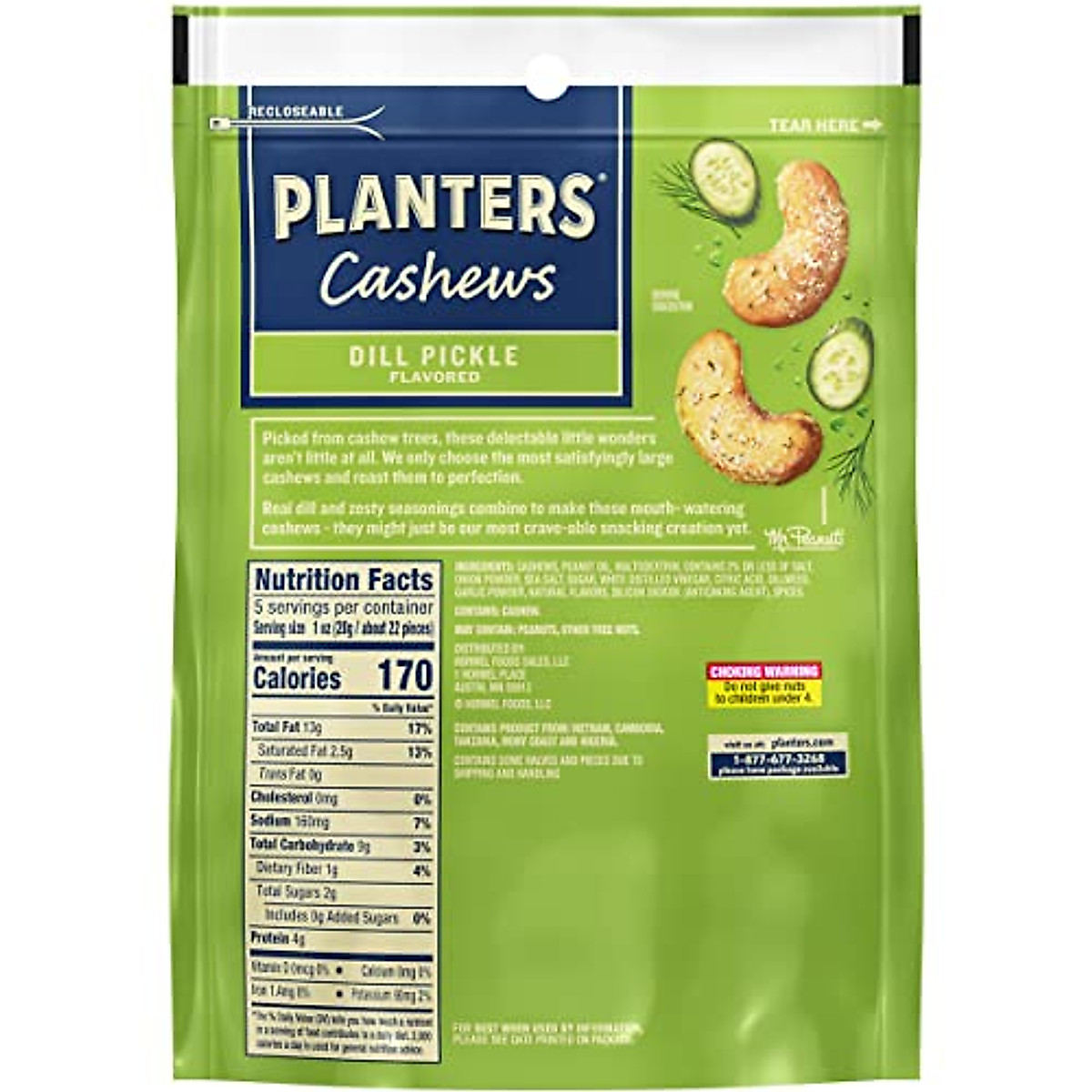 PLANTERS Whole Cashews Dill Pickle Flavored, Party Snacks, 5 Oz Bag