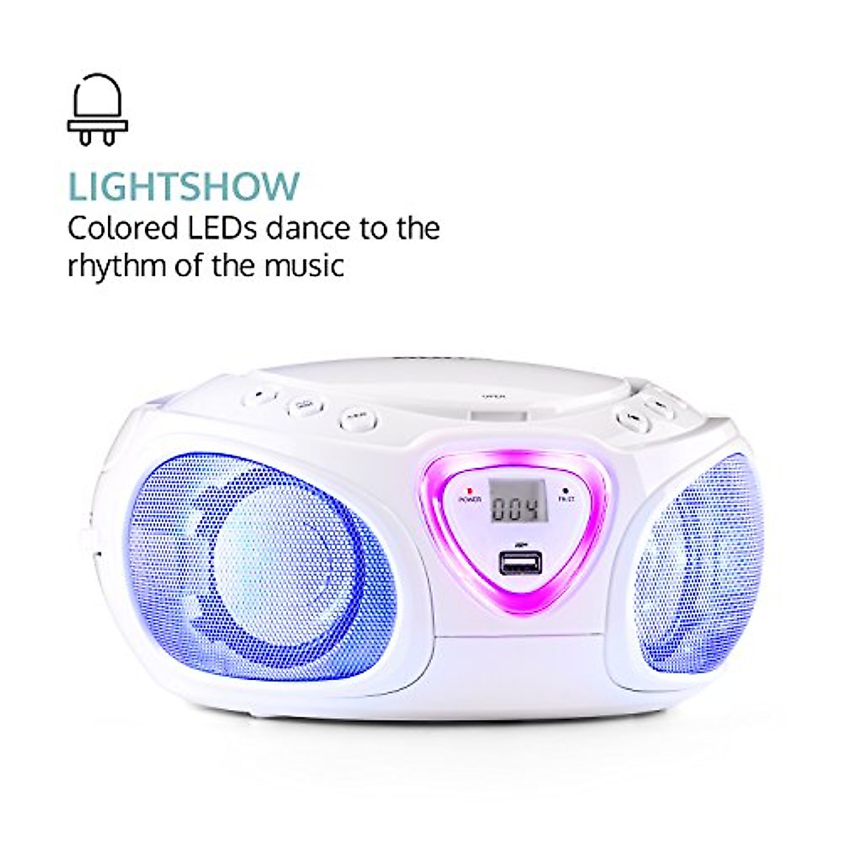 AUNA Roadie KIDS Boombox, Top loading CD Player, Bluetooth Connectivity for Smartphones, Easy AUX, USB, Radio and MP3 Connectivity, Portable, Plug in or Battery Powered, LED Display