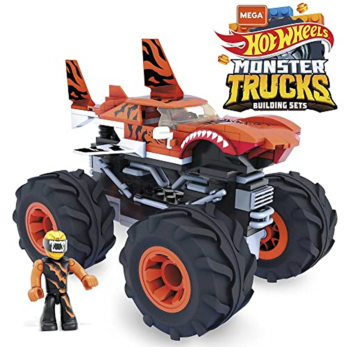 MEGA Hot Wheels Monster Trucks Building Toy Playset, Tiger Shark with 187 Pieces, 1 Micro Action Figure Driver, Orange and Black, Kids Age 5+ Years