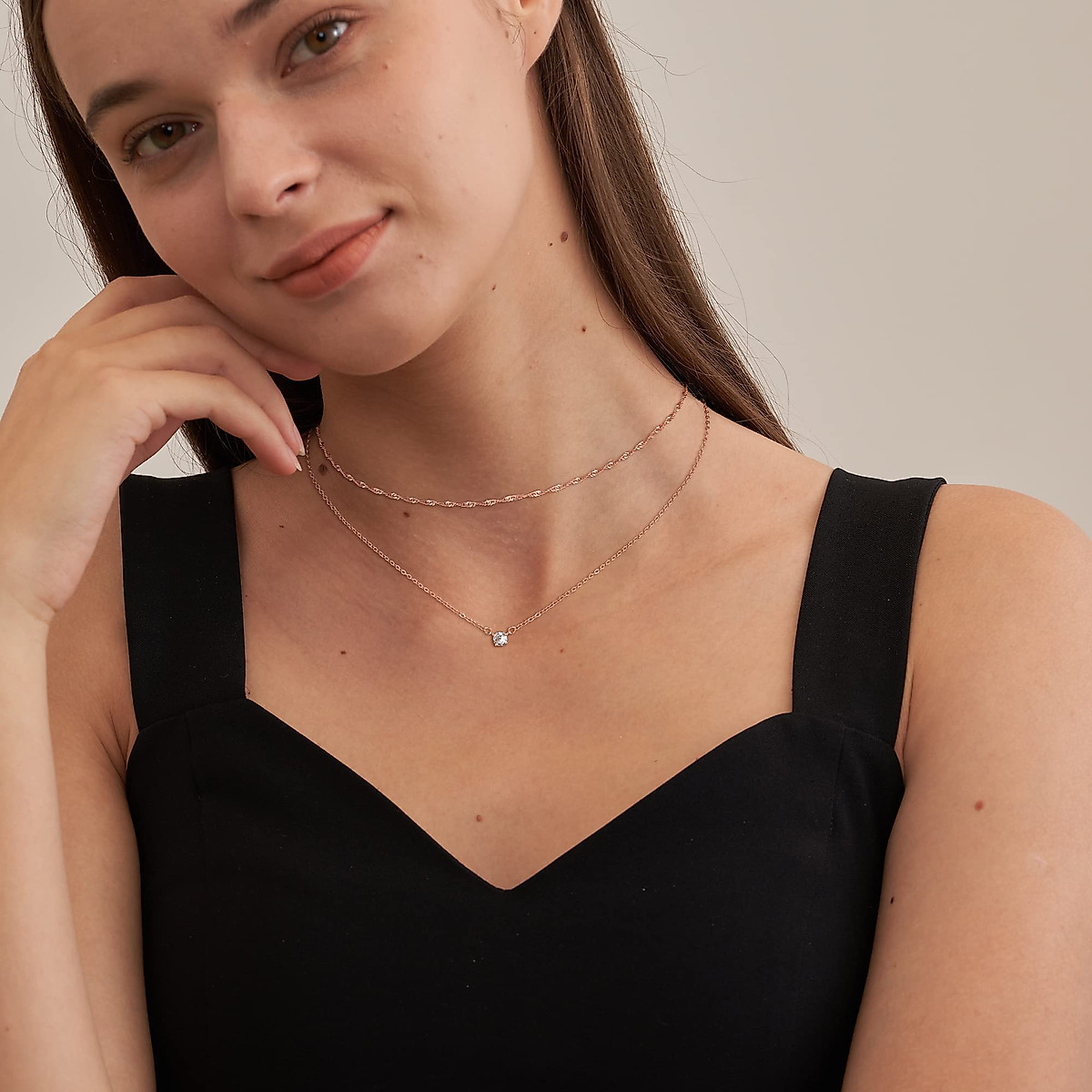Tewiky Rose Gold Necklace, 14k Rose Gold Plated Layered Diamond Necklaces, Chain Choker Necklaces for Women CZ Solitaire Simple Rose Gold Jewelry for Womens