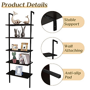 Karl home Ladder Shelf 5 Tier Wall Mounted Bookcase with Metal Frame, Open Design Shelves for Living Room, Bedroom, Home, Dark Walnut (23.62" L x 11.81" W x 70.87" H)