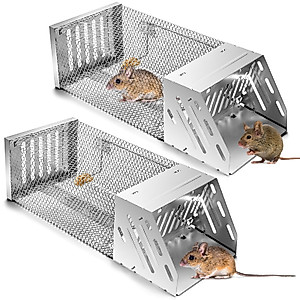 Qualirey 2 Pack Large Humane Rat Trap 15 Inches Combined Automatic Continuous Rat Trap Cage Reusable Rat Traps Indoor for Home Rat Traps Catch and Release Outdoor Mouse Single Door Metal Rat Trap