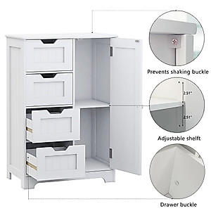RASOO Bathroom Storage Cabinet White Freestanding Floor Storage Cupboard Adjustable Shelf with 4 Drawers and 1 Door